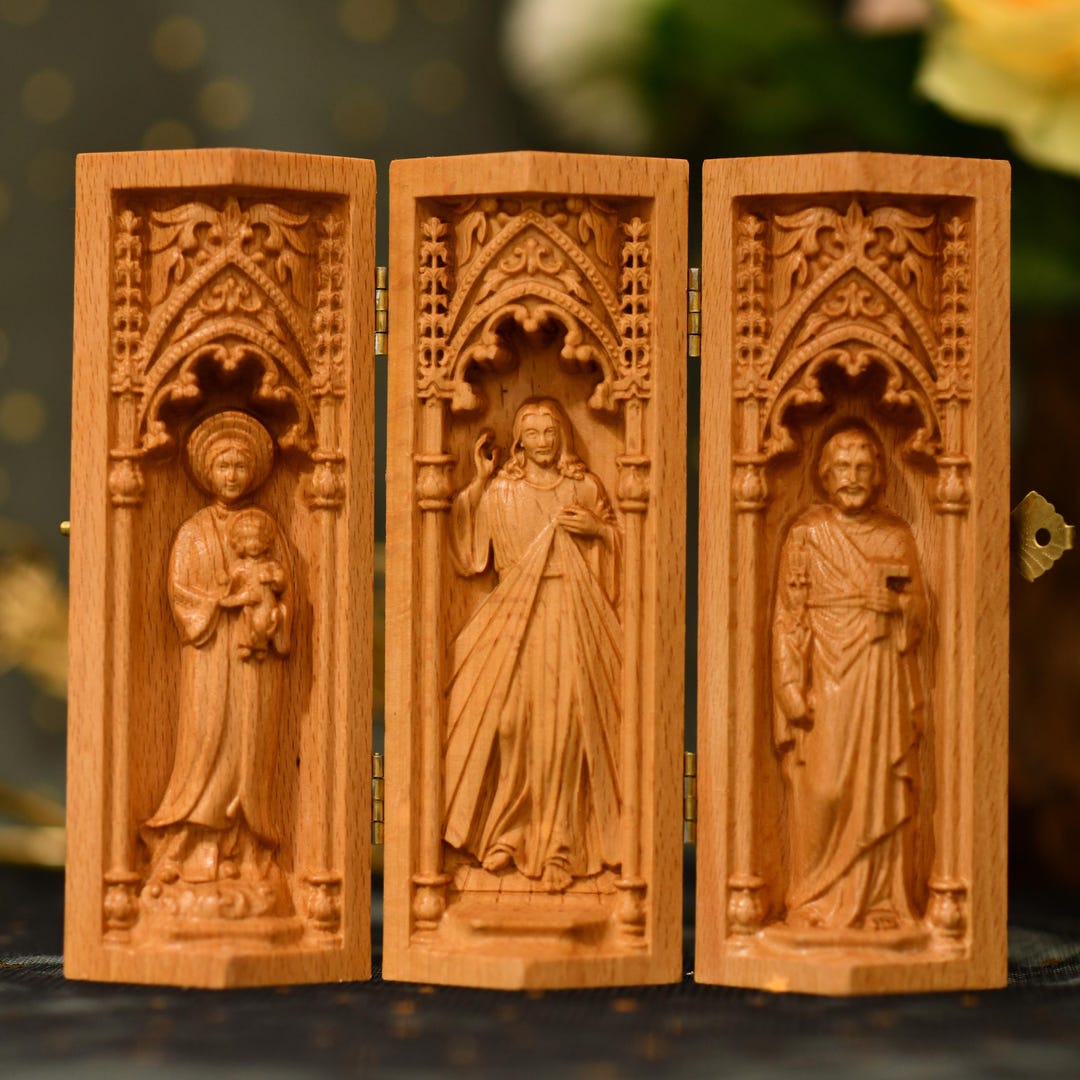 Wooden Triptych Holy Family Mary Statue St Joseph Statue Wood Carving ...