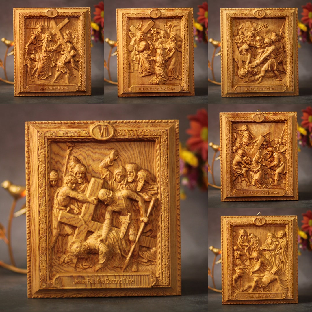 A Set of 14 Wooden Stations of the Cross Solid Wood Carving Room Decor ...