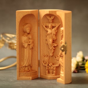 Home Portable Altar Table Catholic Triptych Art Wood Carving Catholic ...