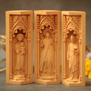 Wooden Triptych Holy Family Mary Statue St Joseph Statue Wood Carving ...