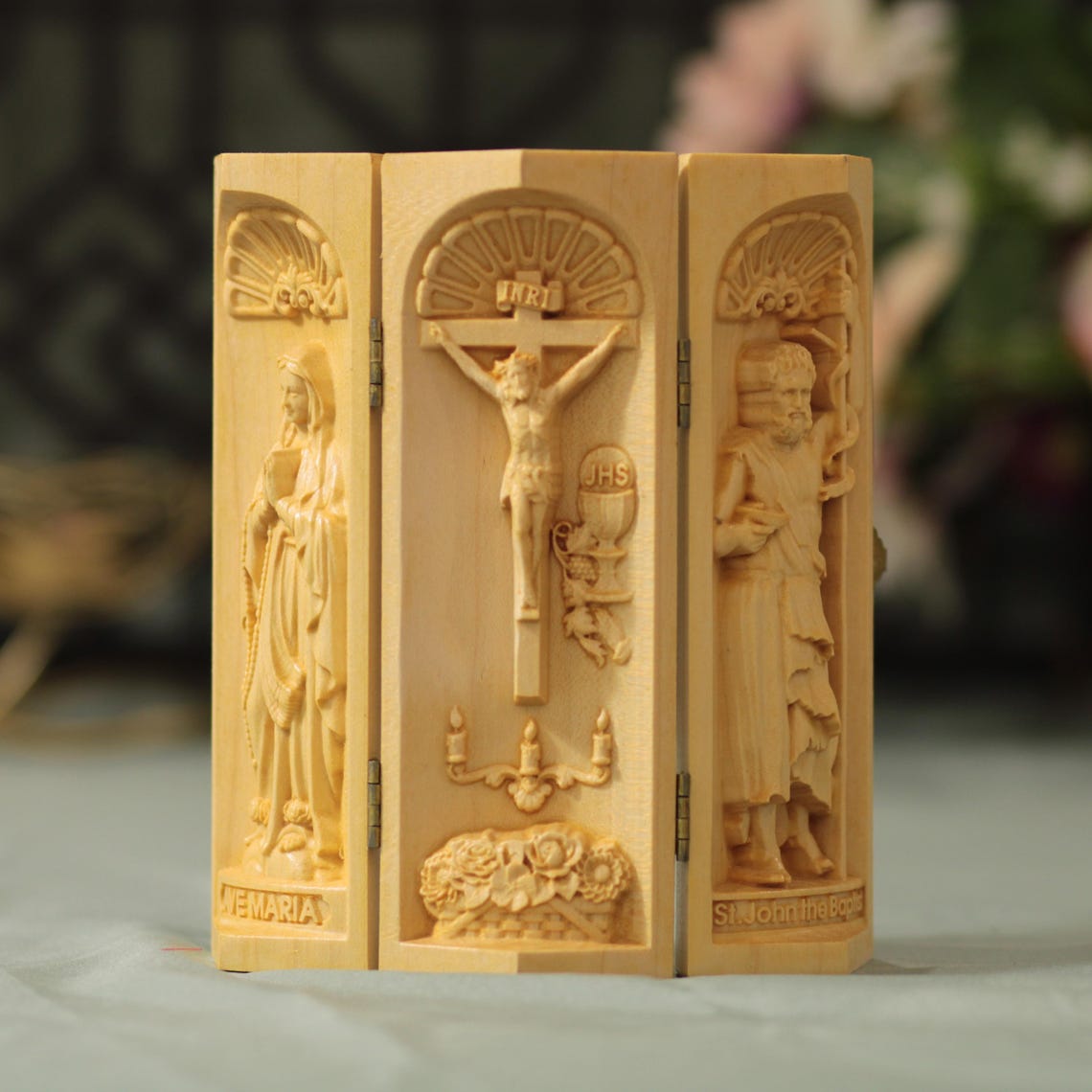 Catholic Wooden Triptych Our Lady Jesus Christ St John the Baptist ...