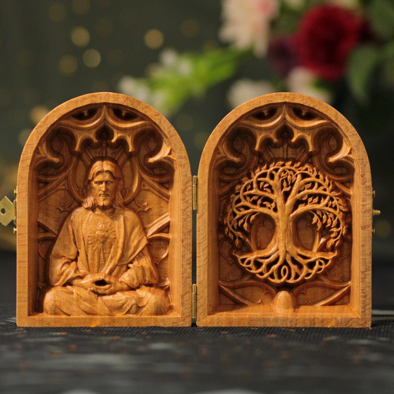 Jesus Contemplating With Tree of Life Wooden Catholic Diptych ...