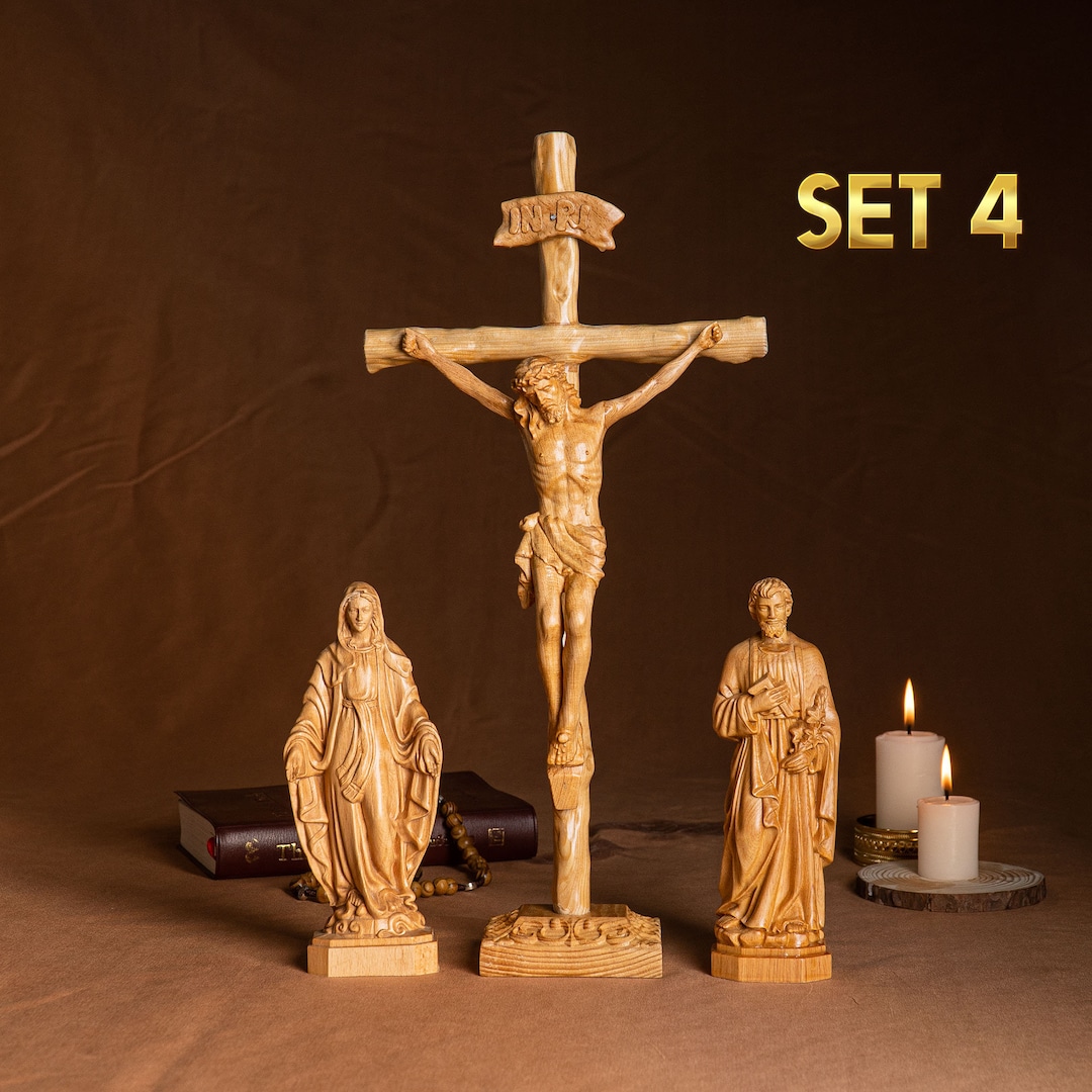 SET 4- Catholic Home Altar for Family Religious Catholic Statue Wooden ...