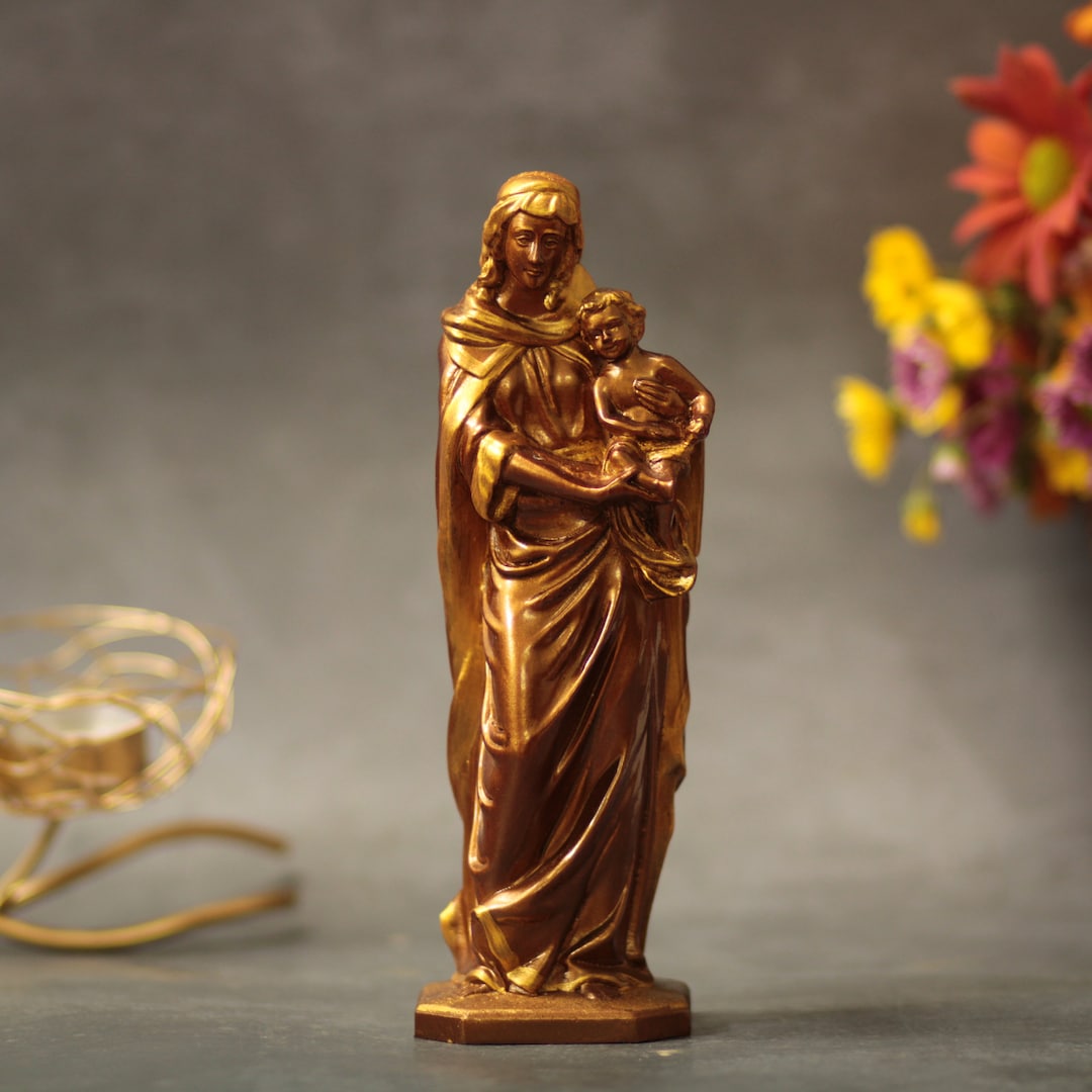 Mother Mary Holding Baby Jesus Wooden Statue Vintage Style Handmade ...