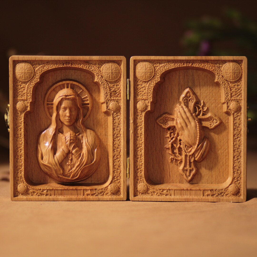 Wooden Catholic Diptych Praying Mary and the Cross Orthodox Gifts ...