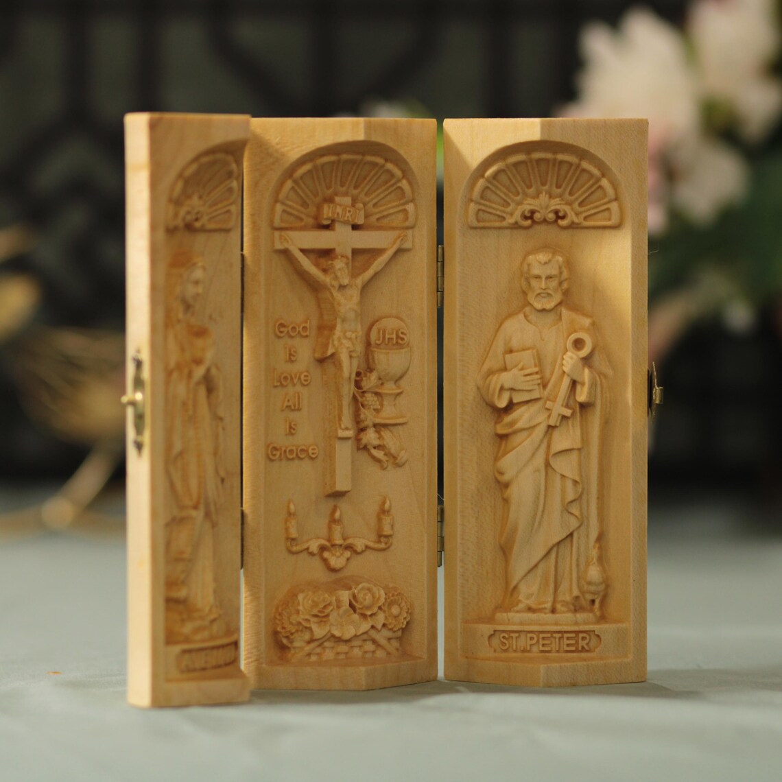 Crucifix Christ | Virgin Mary | St. Peter Wood Catholic Triptych Icon ...