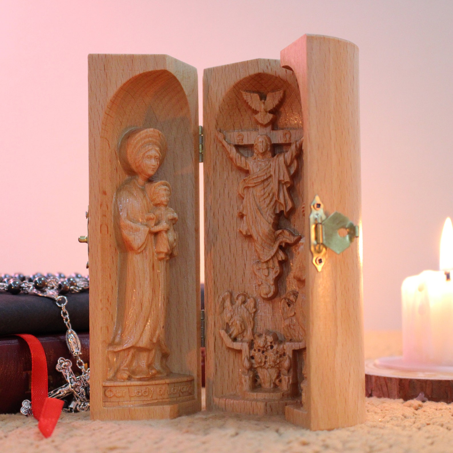 Home Portable Altar Table Catholic Triptych Art Wood Carving - Etsy