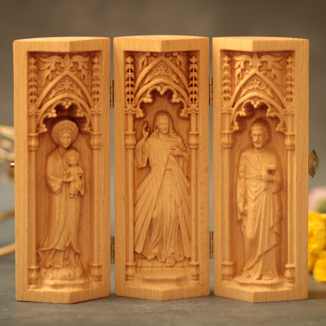 Wooden Triptych Holy Family Mary Statue St Joseph Statue Wood Carving Prayer Altar Wooden ...