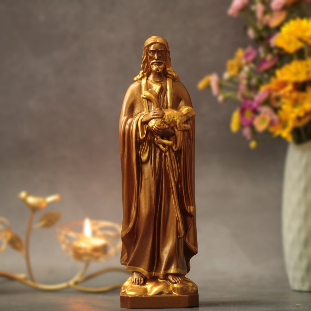 Jesus Christ With Lamb Wooden Statue Vintage Style Catholic Home Decor ...