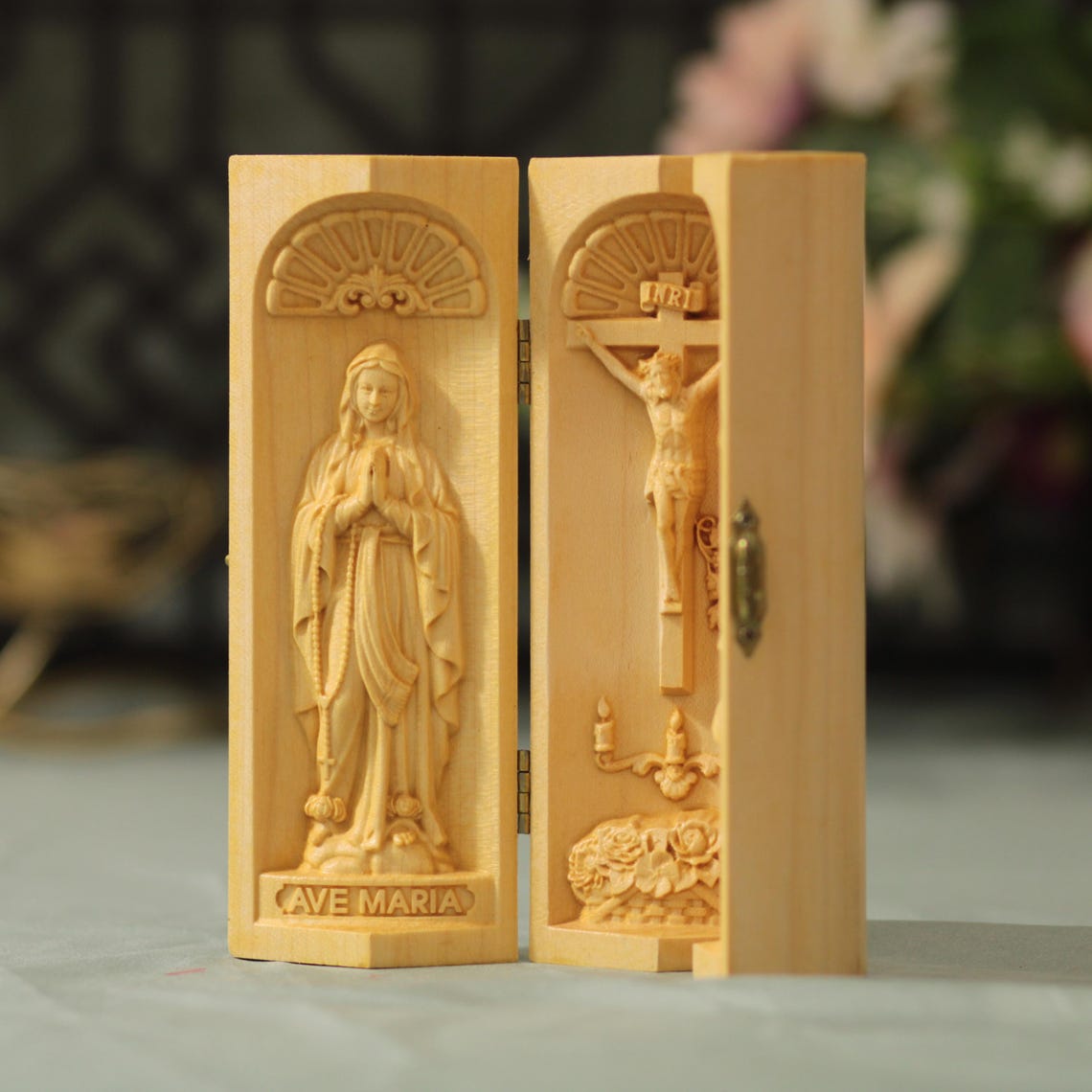 Catholic Wooden Triptych Our Lady Jesus Christ St John the Baptist ...