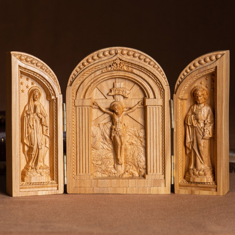 Holy Trinity Wooden Catholic Triptych, Jesus Christ Home Altar Decor ...