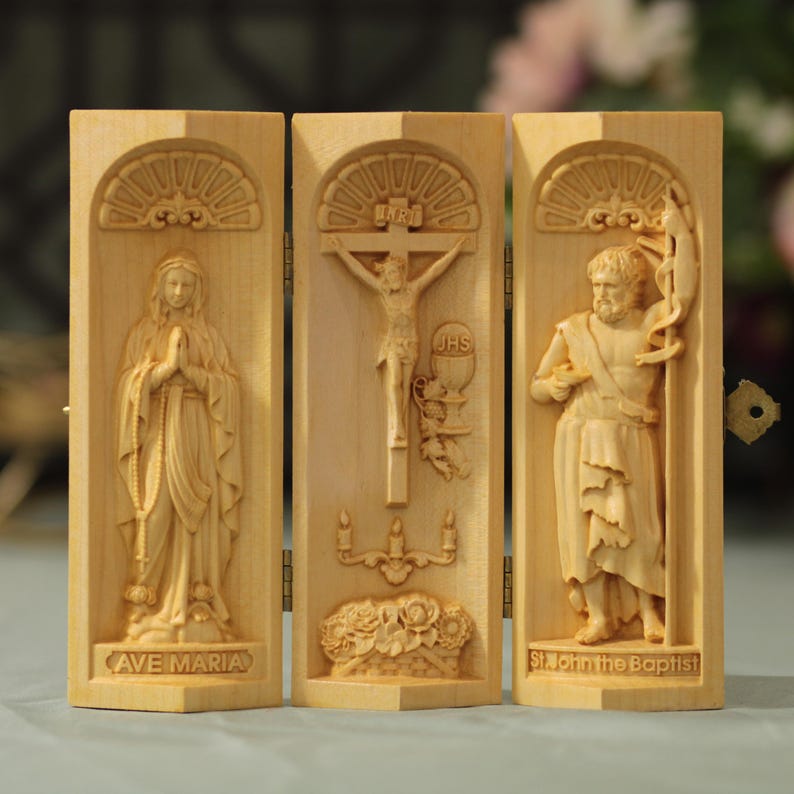 Catholic Wooden Triptych Our Lady Jesus Christ St John the Baptist ...