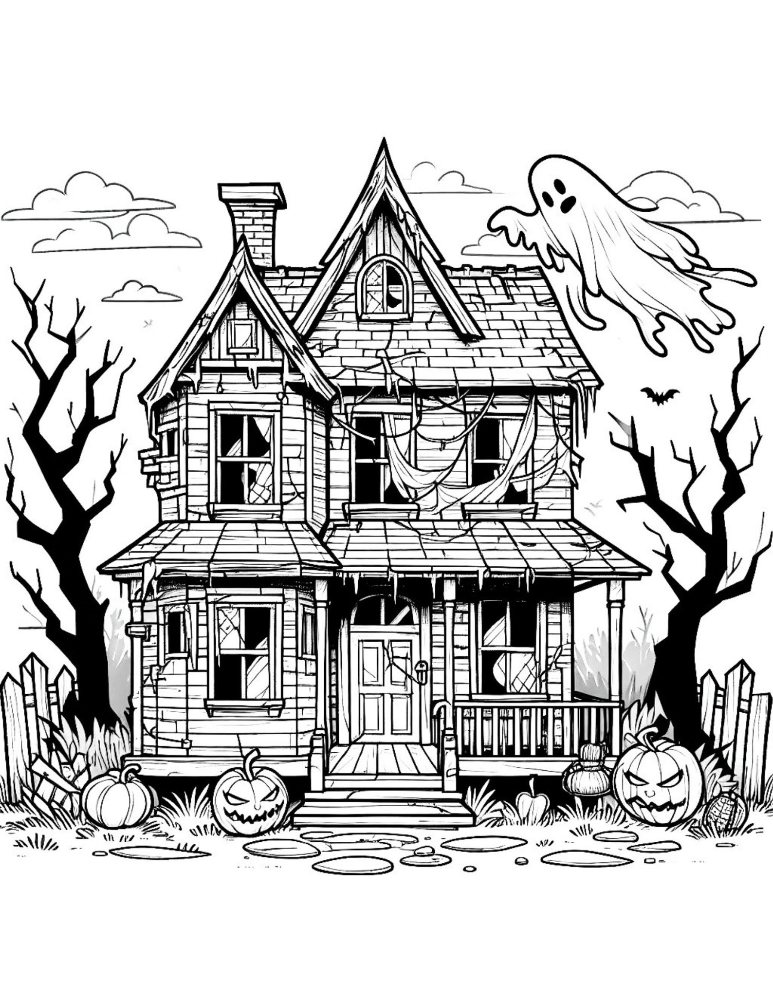 Spooky Haunted House Coloring Pages, Halloween Coloring Sheets, Creepy ...