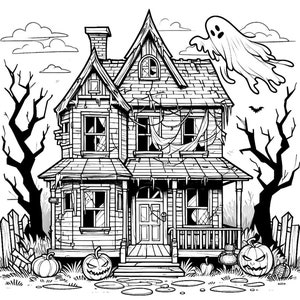 Spooky Haunted House Coloring Pages, Halloween Coloring Sheets, Creepy ...