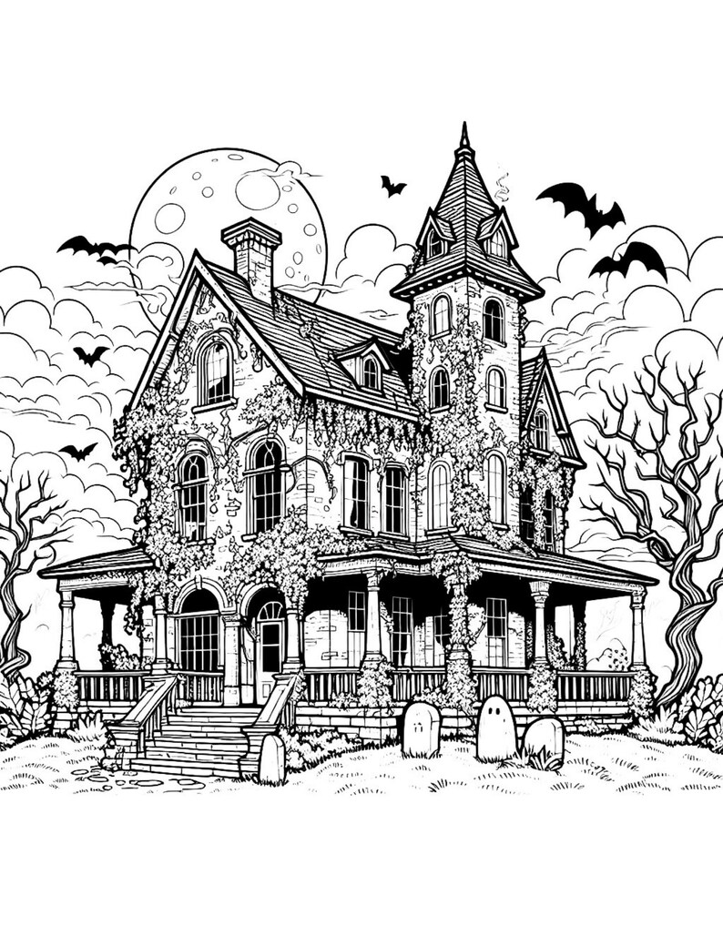 Spooky Haunted House Coloring Pages, Halloween Coloring Sheets, Creepy ...