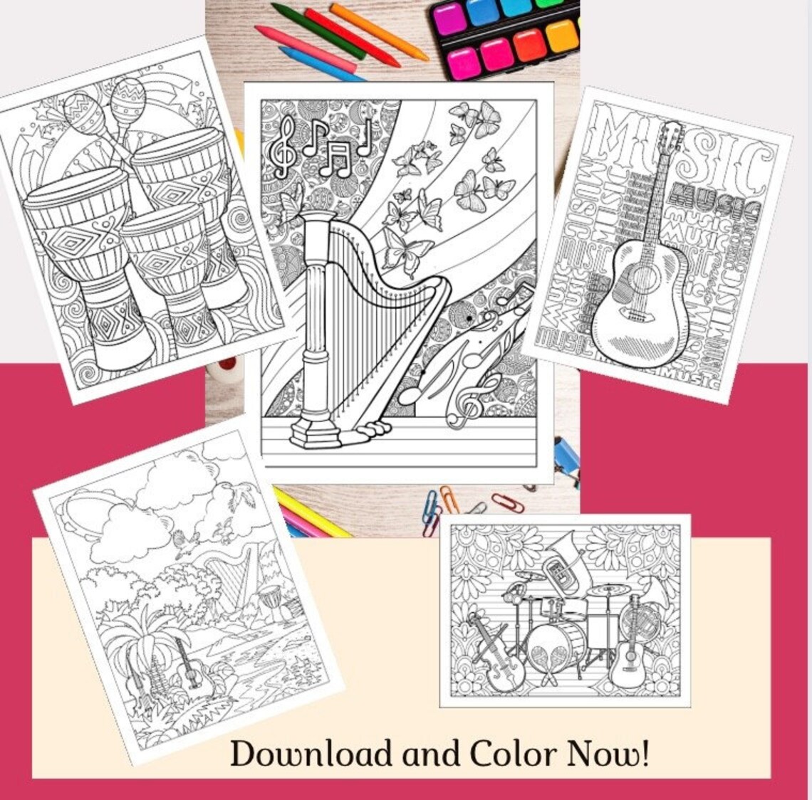 Printable Coloring Pages, Set of 5 Different Coloring Pages, Musical ...