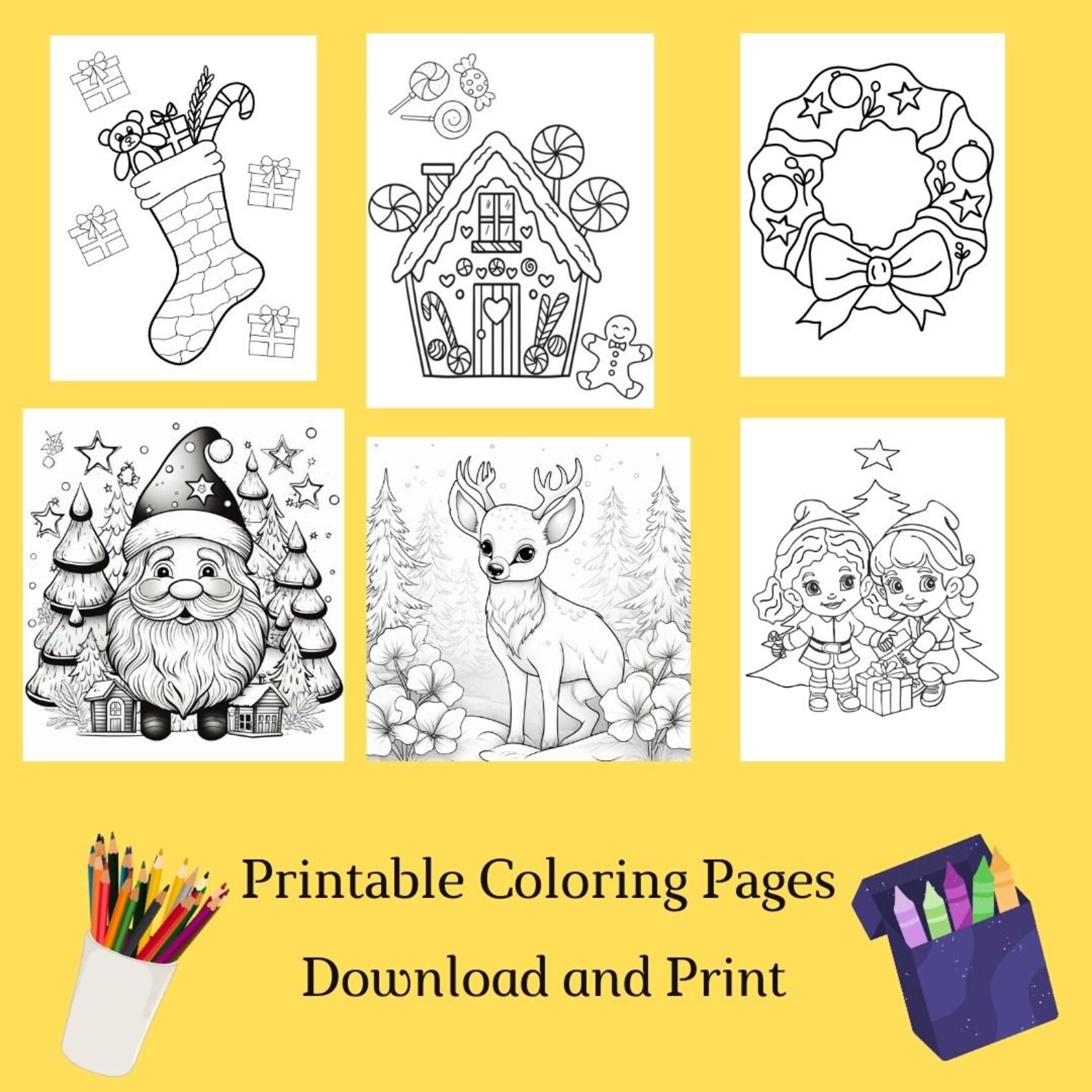 Printable Coloring Pages, Set of 6 Coloring Pages, Christmas Coloring ...