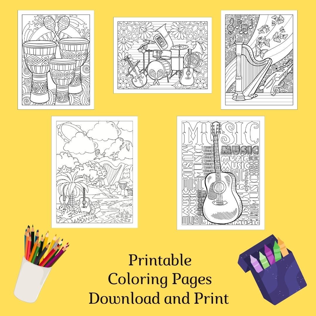 Printable Coloring Pages, Set of 5 Different Coloring Pages, Musical ...