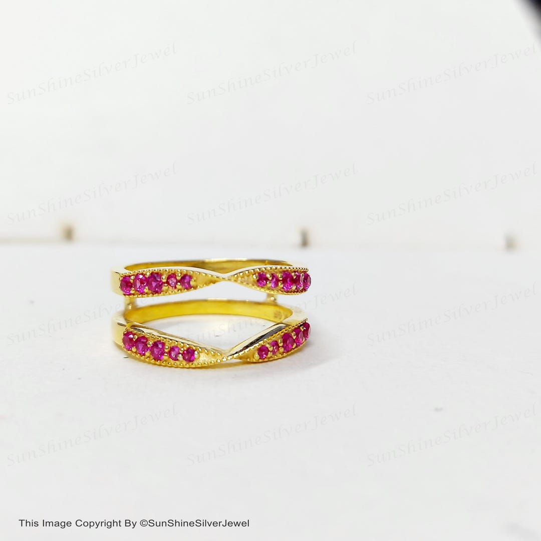 Curved Ruby Wedding Enhancer Band, Gold Filled Ruby Double Ring Guard ...