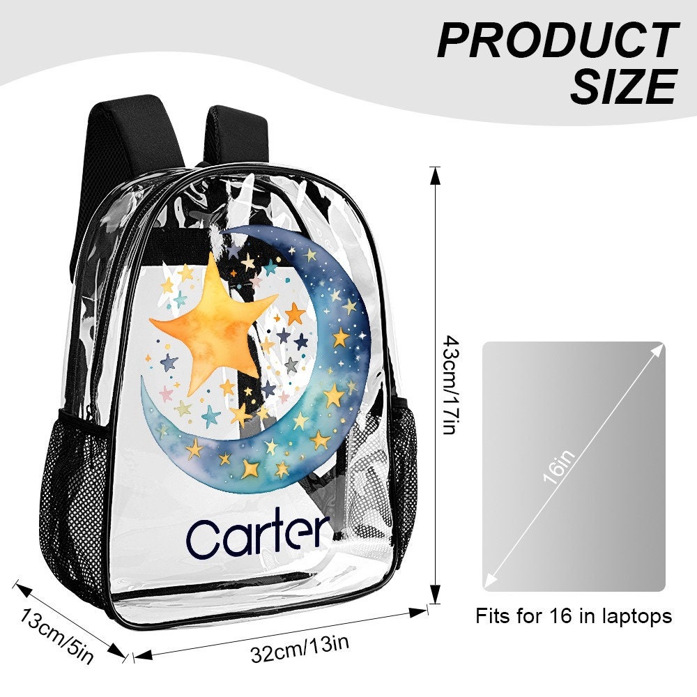 Personalised Moon and Stars Transparent Backpack, Kids See Through ...