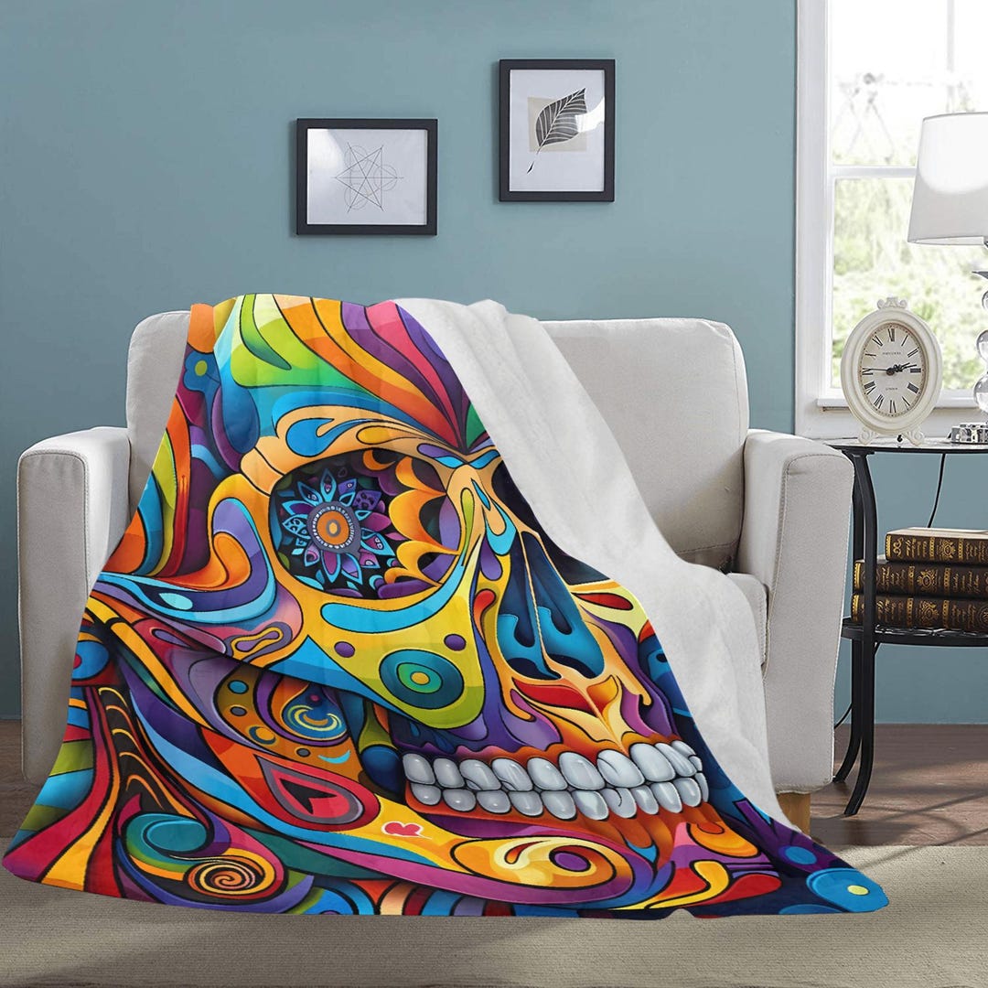 Psychedelic Aesthetic, Skull Throw, Trippy Bright Skull Blanket ...