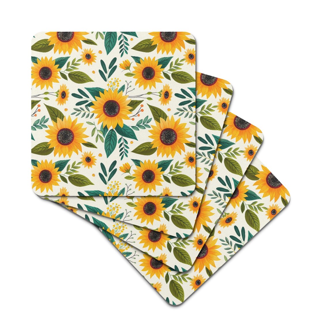 Sunflower Coaster Gift Set, Bright Flower, Yellow and Green Countryside ...
