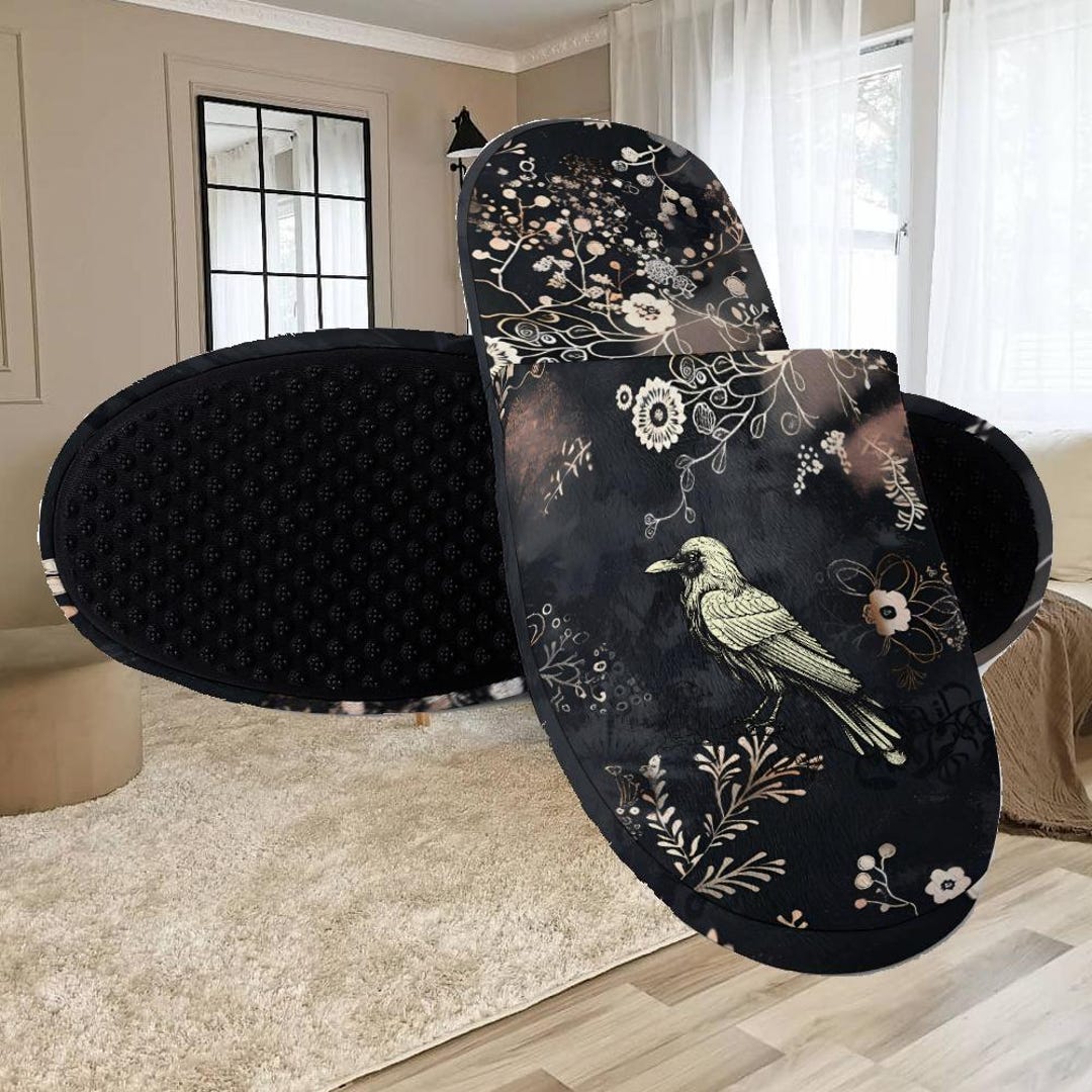Black Crow Gothic Slippers, Monochrome Floral Slippers, Hollandy Women ...