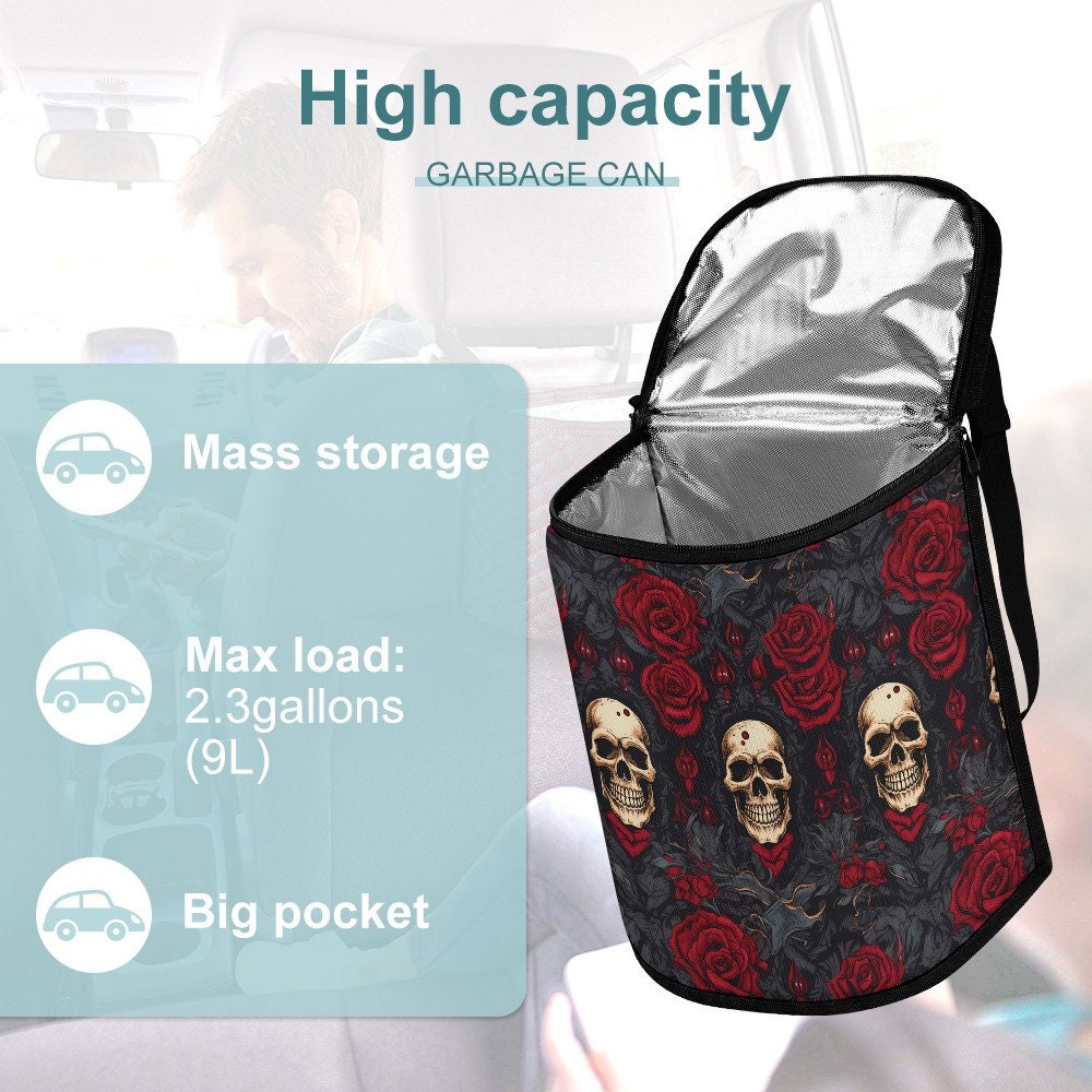 Gothic Car Bin, Car Trash Bag, With Skulls and Roses Dark Romance, Back ...