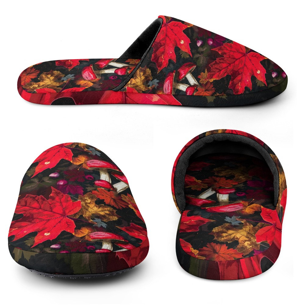 Red Leaf and Mushroom, Cottagecore Slippers, Autumn Slippers, Women's ...