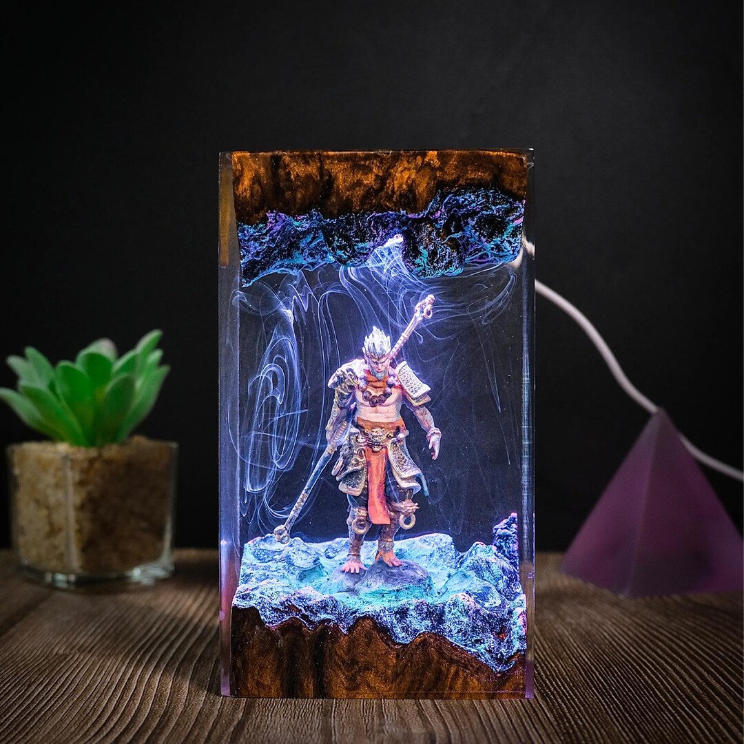 Epoxy and Wooden Night Lights, Black Myth Wukong Game Handmade Resin Lamp, Diorama Resin Epoxy ...