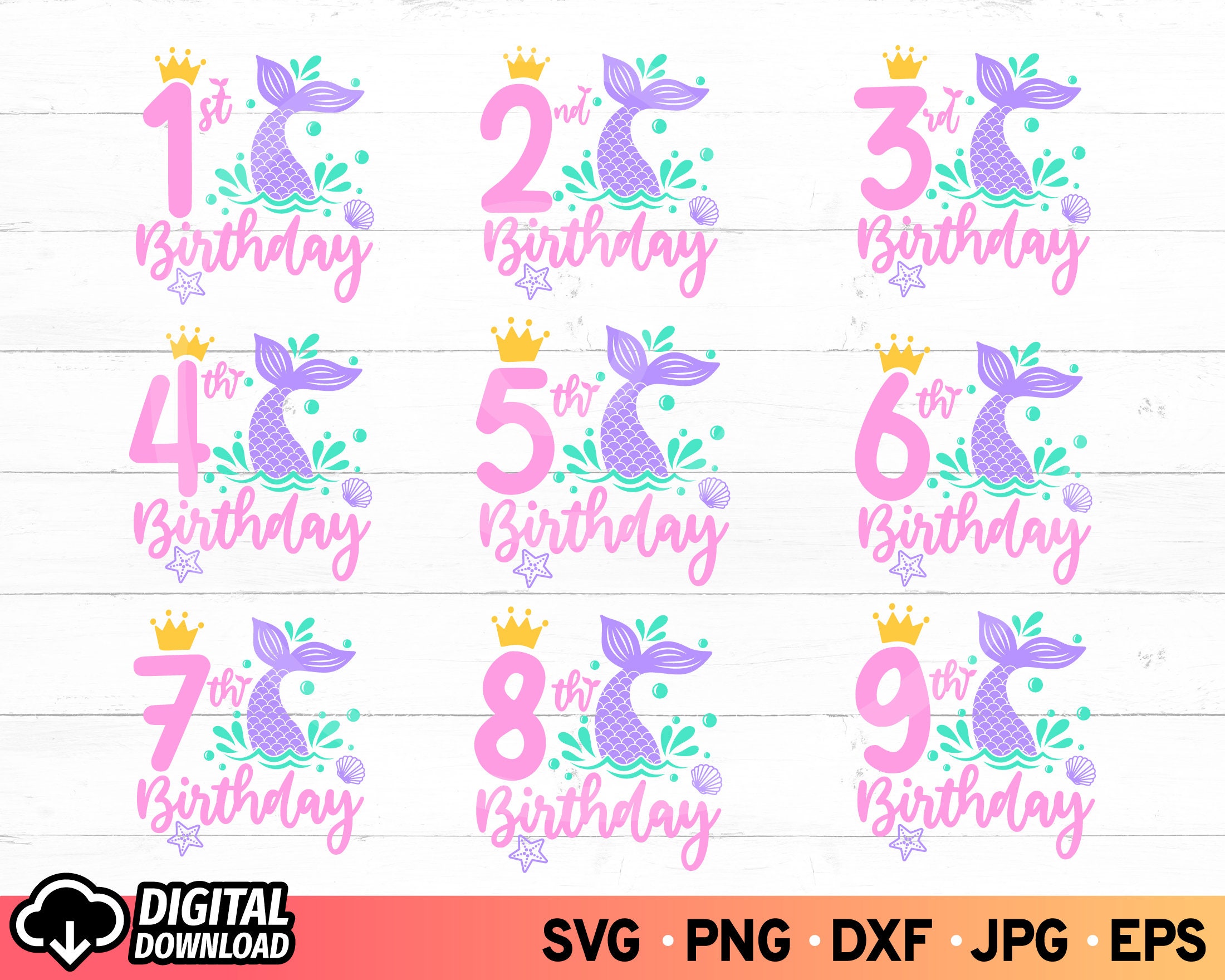 Mermaid Birthday SVG Bundle: Numbers 1-9, Tail Design (digital Download ...