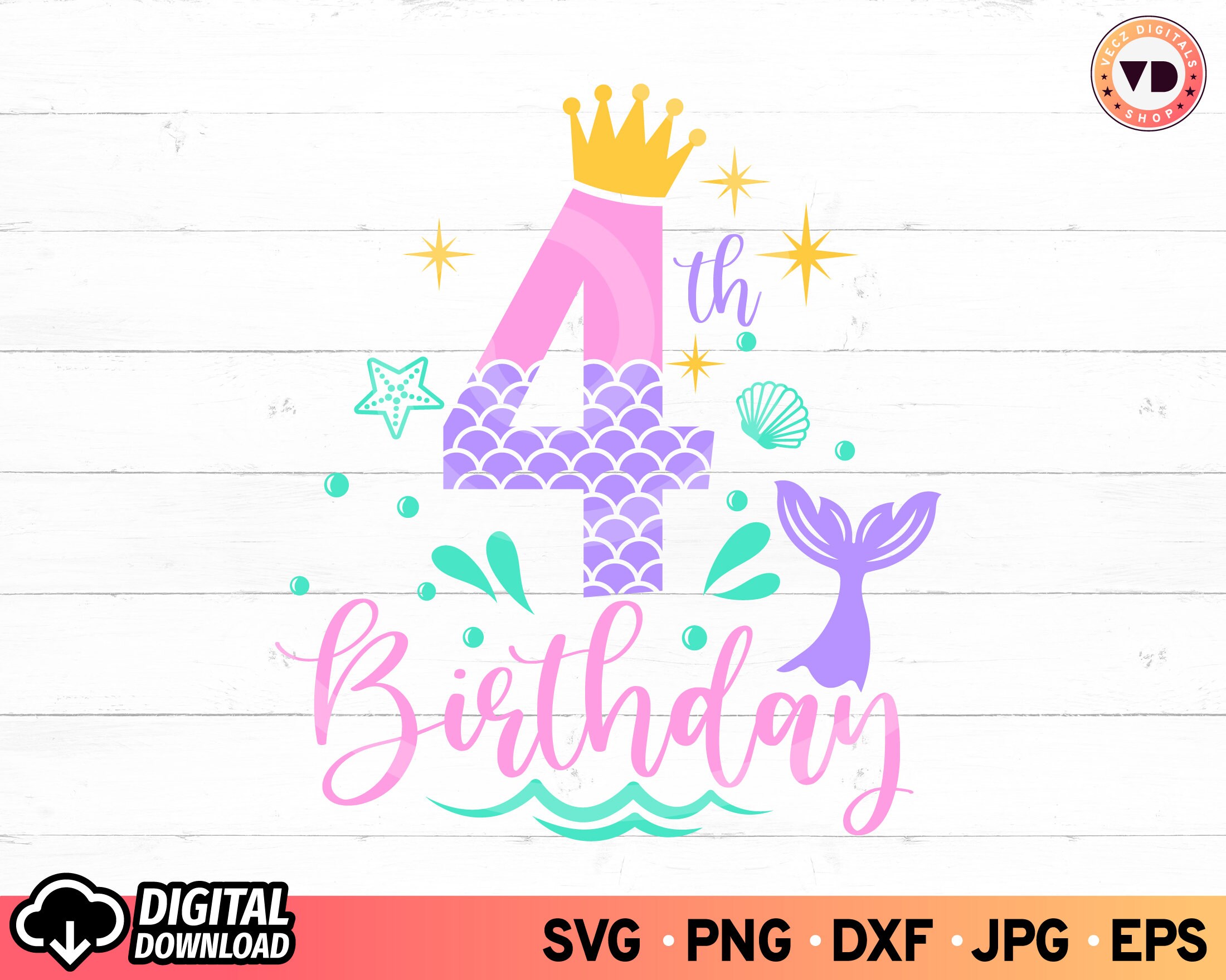 4th Birthday Mermaid SVG Mermaid Tail SVG Mermaid Birthday - Etsy