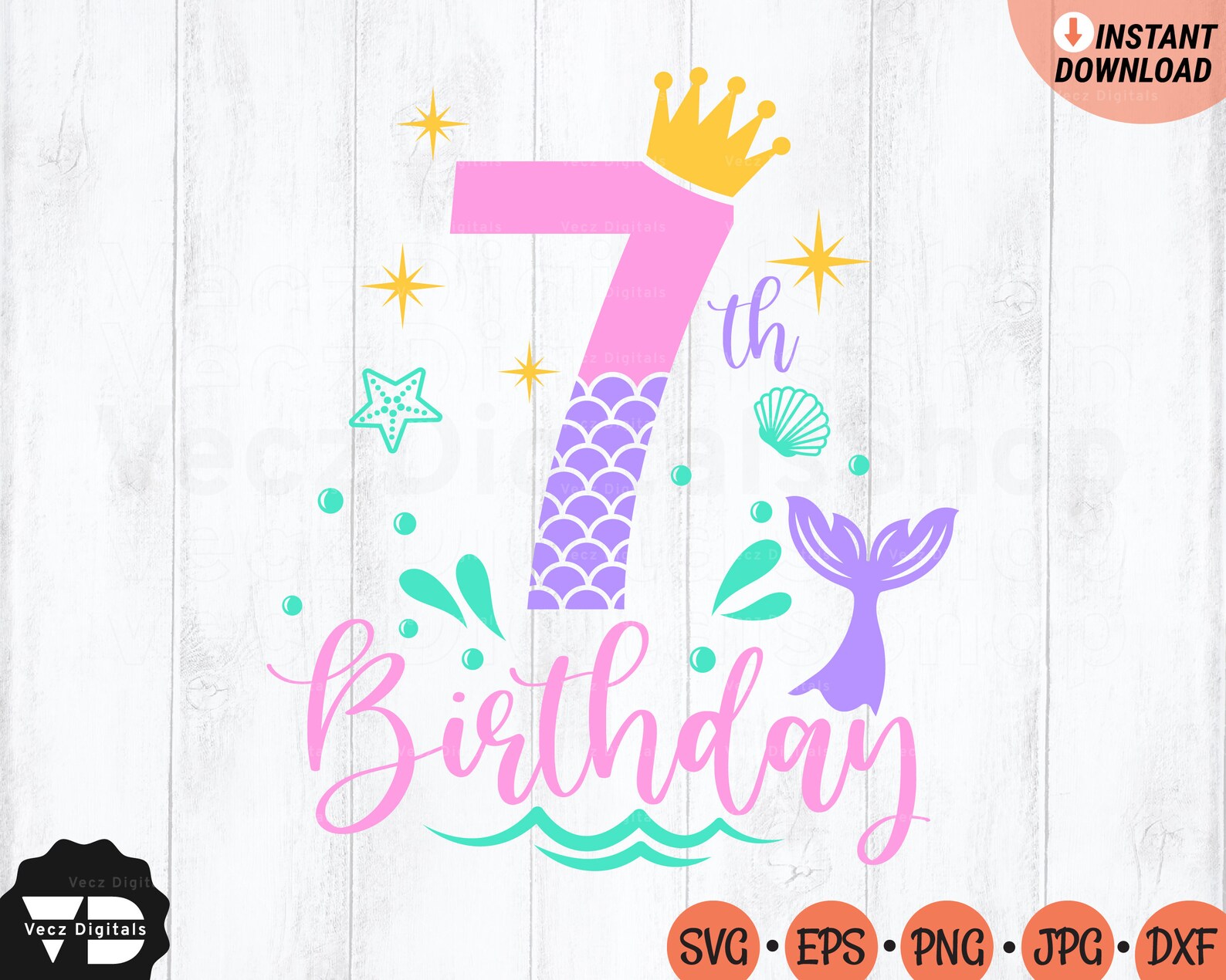 7th Birthday Mermaid SVG Mermaid Tail SVG Mermaid Birthday - Etsy