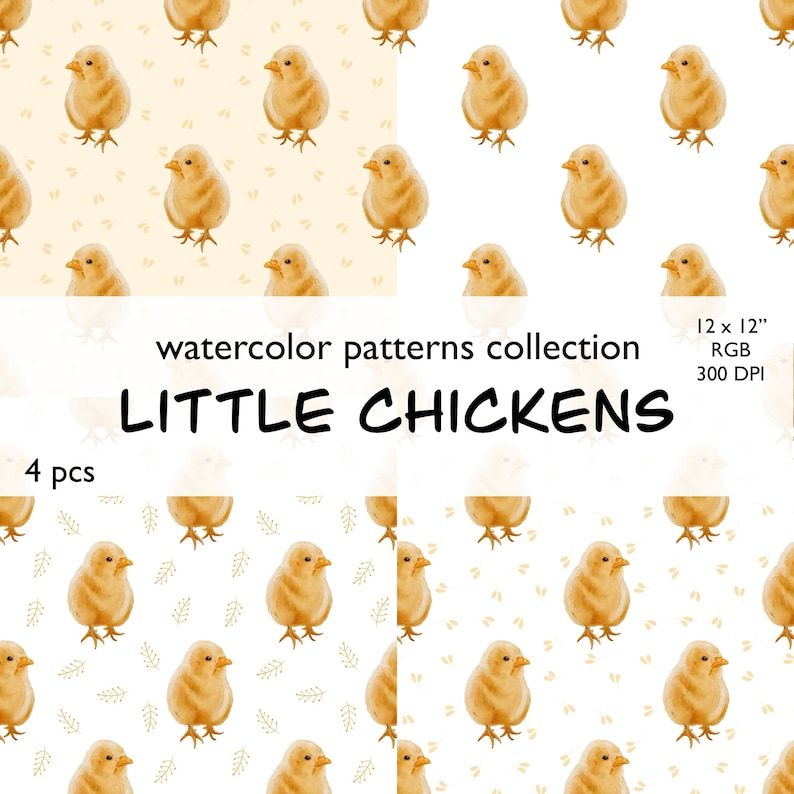 Cute Little Chickens Seamless Patterns, Chickens Watercolor Digital ...