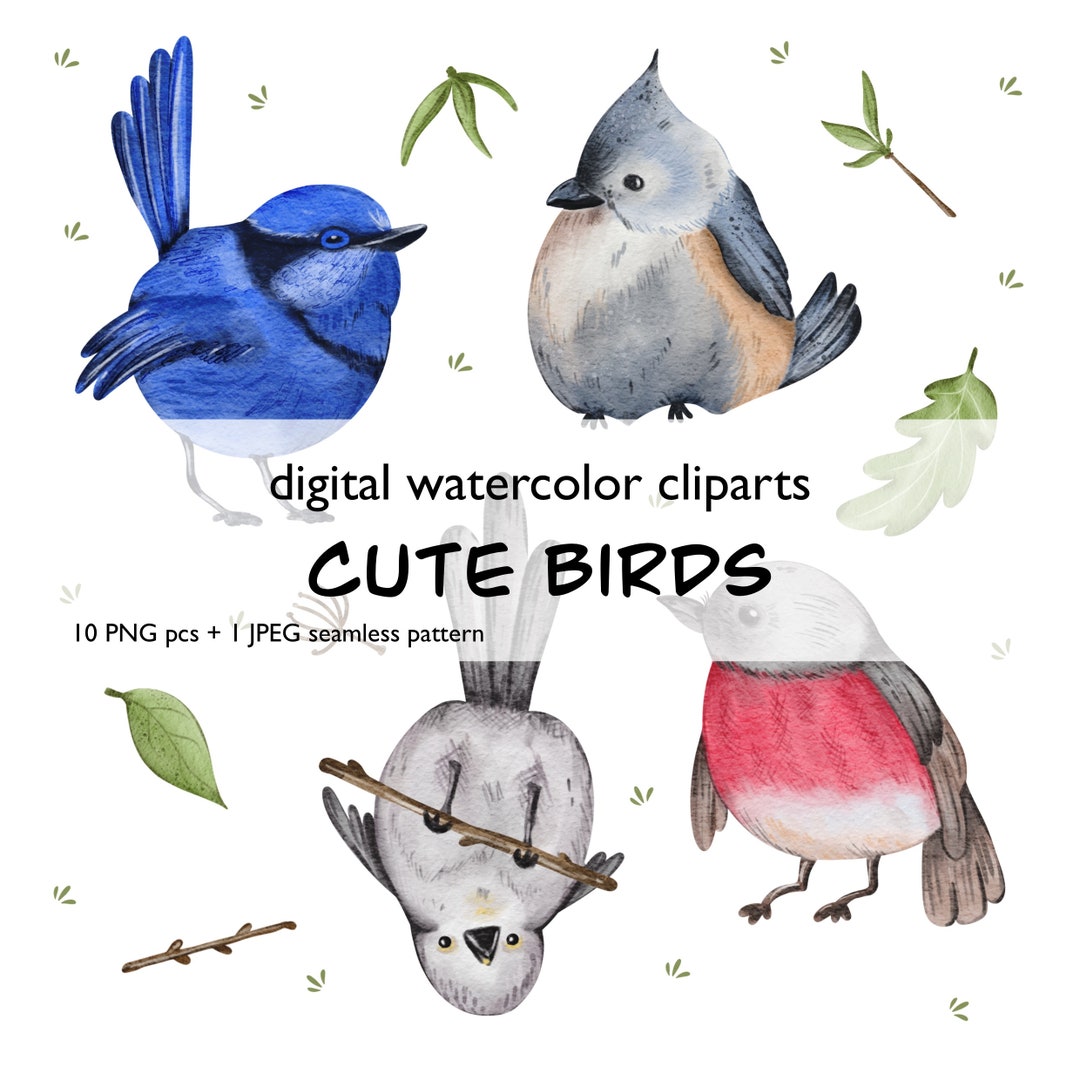Cute Birds Watercolor Cliparts Bundle + Birds Seamless Pattern, Birds ...