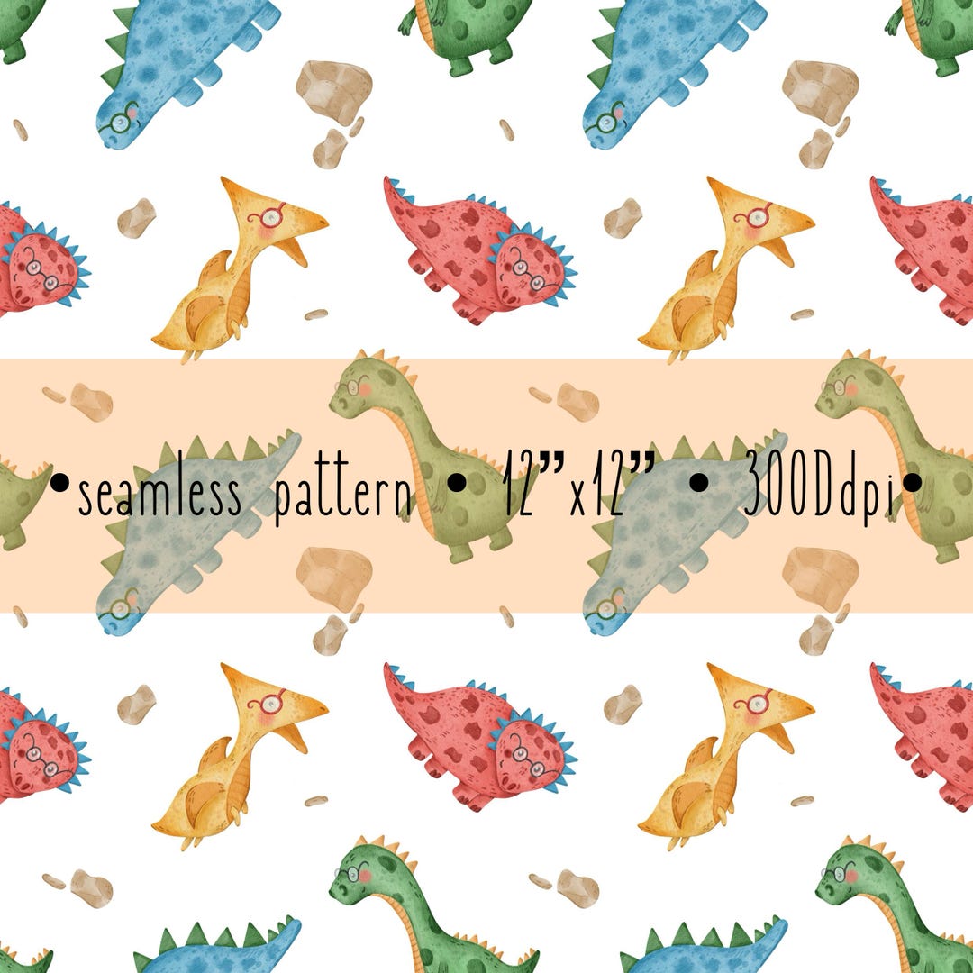 Cute Dino Seamless Pattern, Watercolor Dinosaurs Digital Papers, Kids ...