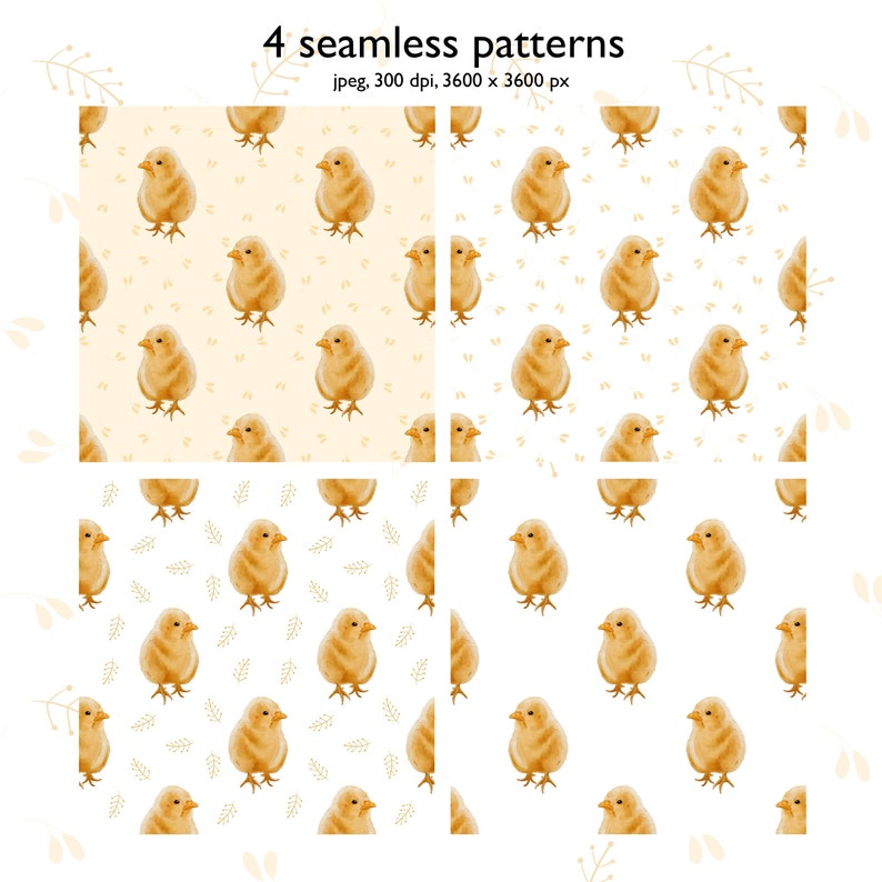 Cute Little Chickens Seamless Patterns, Chickens Watercolor Digital ...