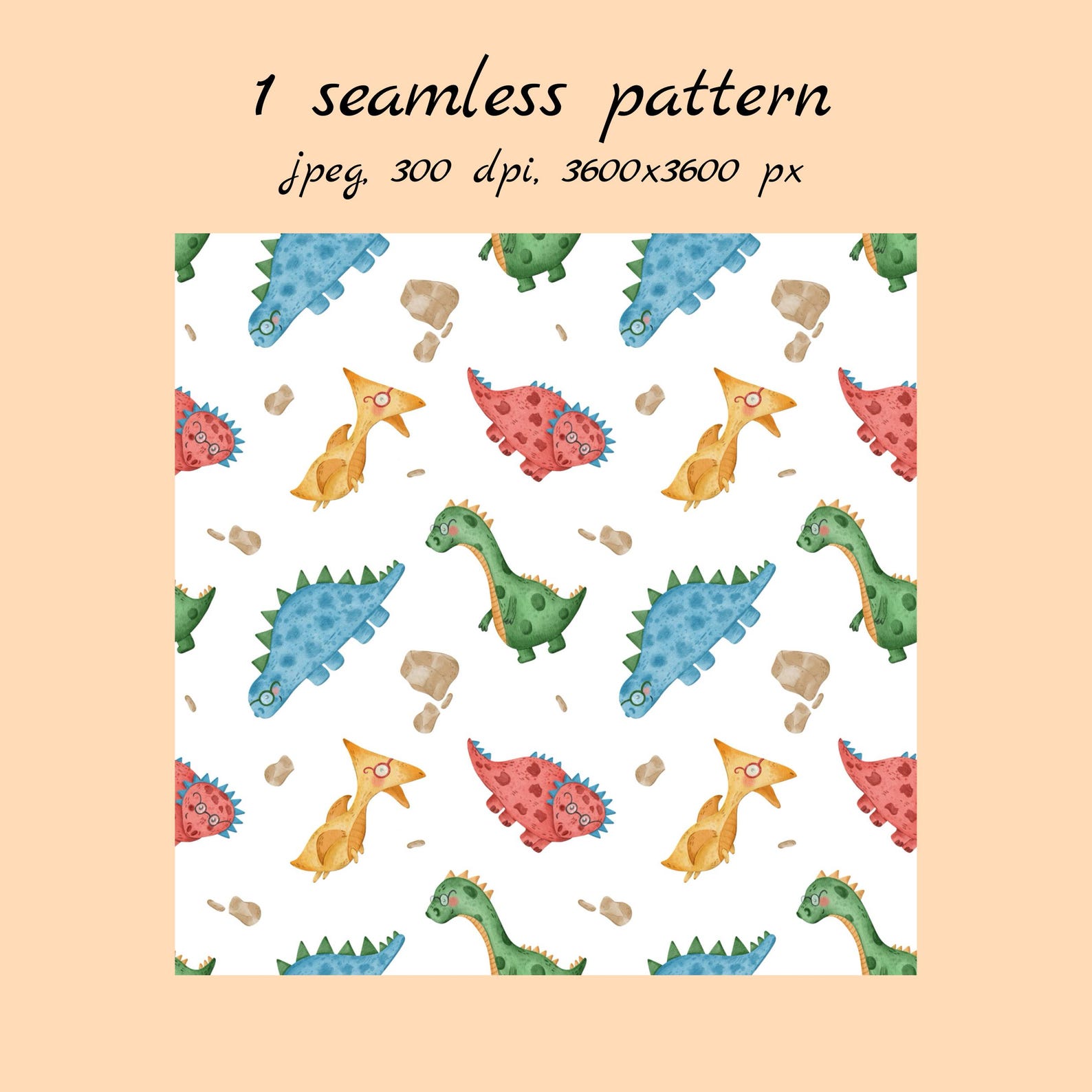 Cute Dino Seamless Pattern, Watercolor Dinosaurs Digital Papers, Kids ...