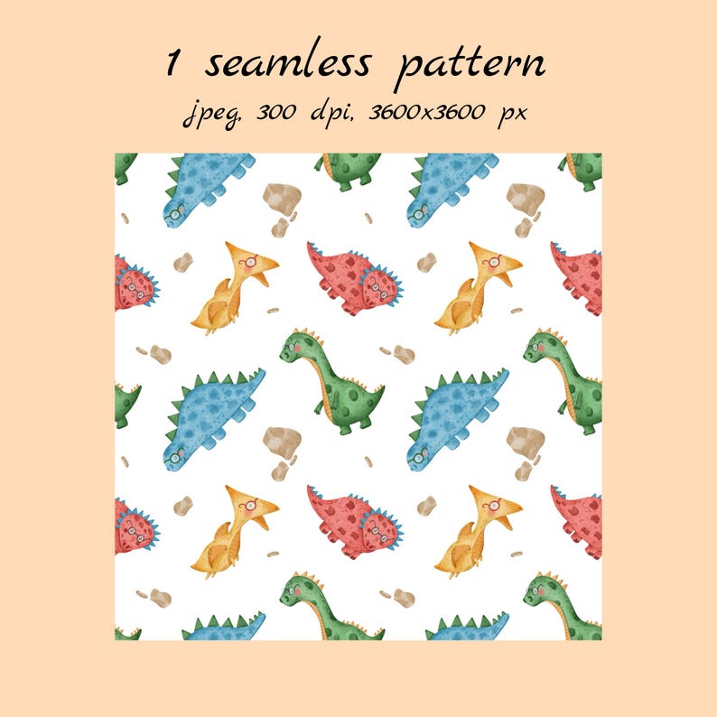 Cute Dino Seamless Pattern, Watercolor Dinosaurs Digital Papers, Kids ...