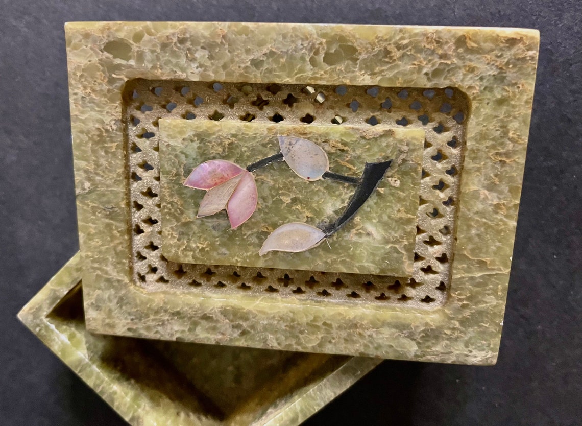 Vintage Jade Jewelry Box with Marble Inlay Hand Carved | Etsy