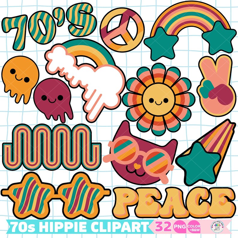 70s Nostalgia Elements Clipart, Vintage 70s Design, Retro 70s ...