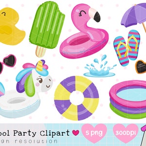 Pool Party Flamingo Unicorn Clipart, Summer Flip Flop, Sunglasses, Pool ...