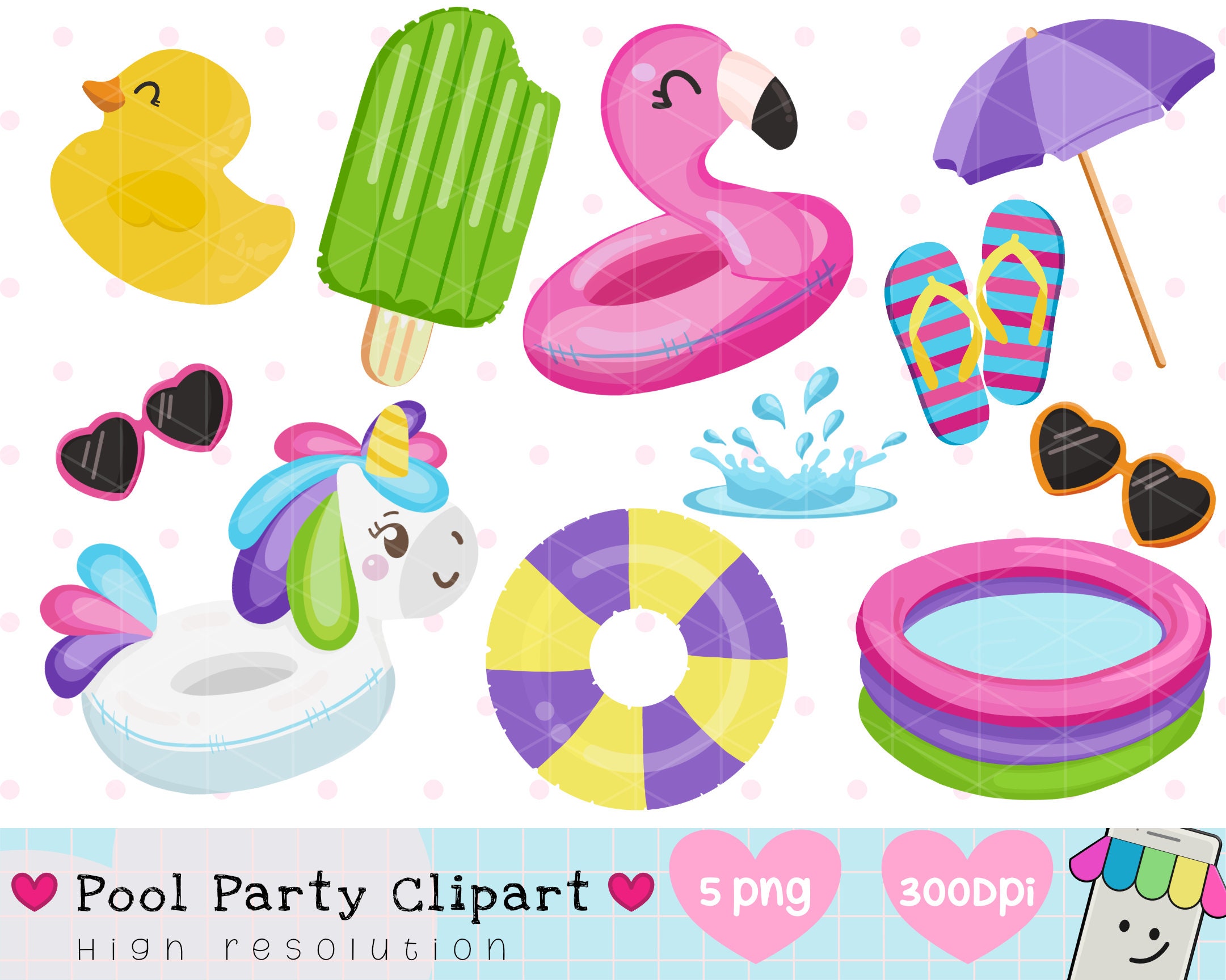 Pool Party Flamingo Unicorn Clipart, Summer Flip Flop, Sunglasses, Pool ...