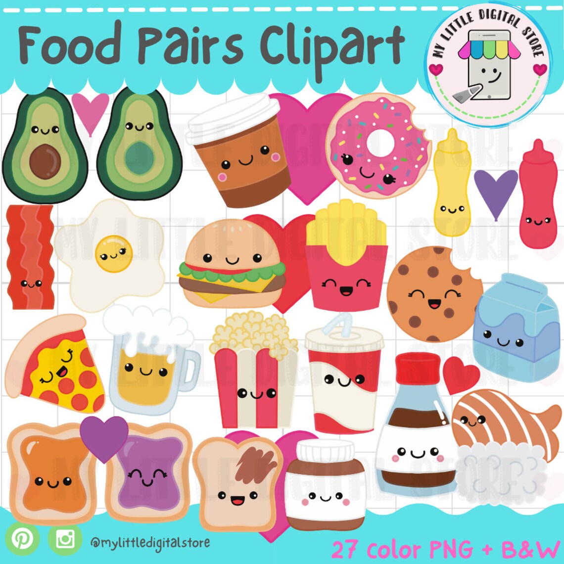 Perfect Match Kawaii Valentines Day Clipart Love Food Pairs - Etsy