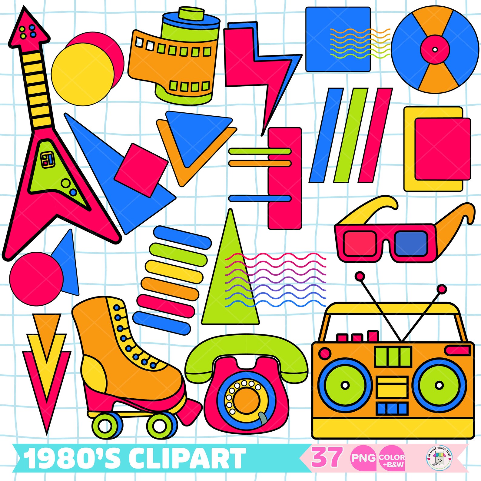 80s Nostalgia Elements Clipart, Back to the 80's Vintage 1980s, Retro ...