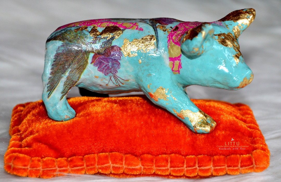 Handmade Lucky Pig Made of Papier-mâché, Turquoise, Shrill, Art, Type ...