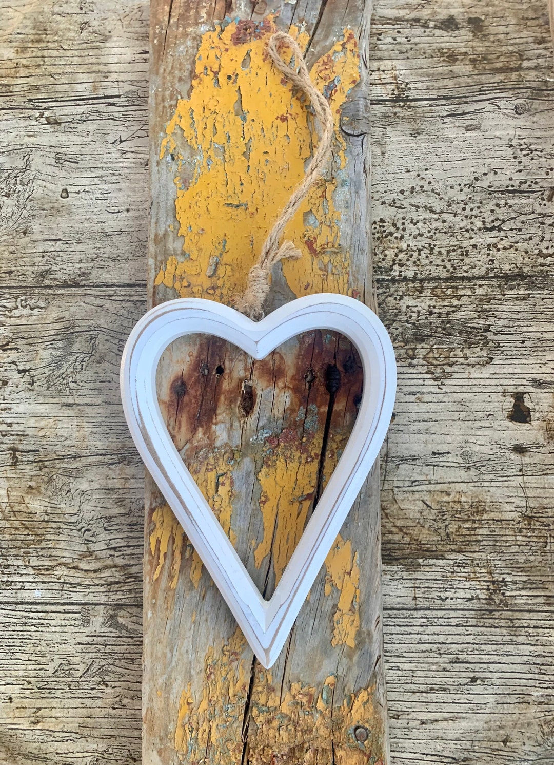 Large White Distressed Effect Wood Shabby Chic Hanging Heart Hanger ...