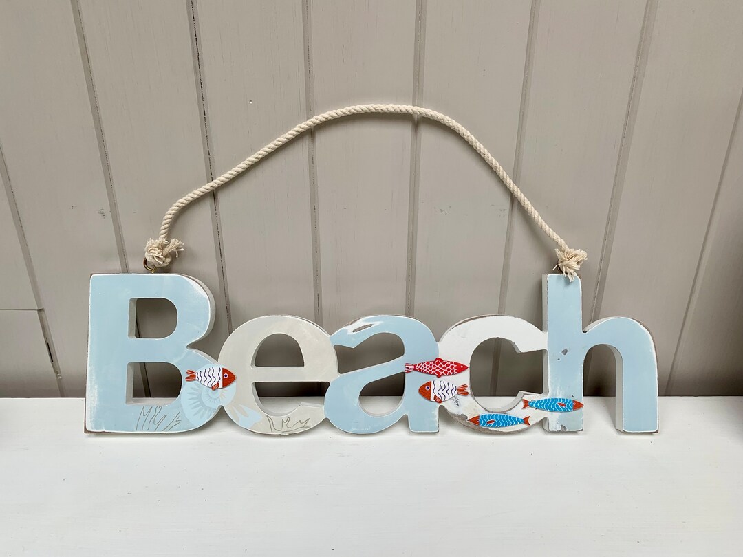 Large Hanging Wooden 'beach' With Fish Sign Hanger Coastal Decor Plaque ...