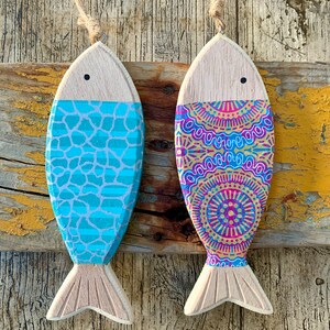 Hanging Wooden Hand Decorated Fish Decoration 2 Designs Coastal Decor ...