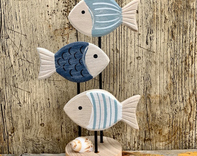 Ocean Blue Fish Shoal School of Fish on Stand Wood Decoration Ornament ...